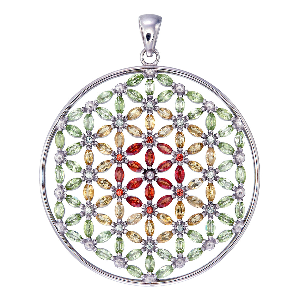 Kaya Flower of Life with 108 Gems in Red, Yellow, & Green Sterling Sil ...